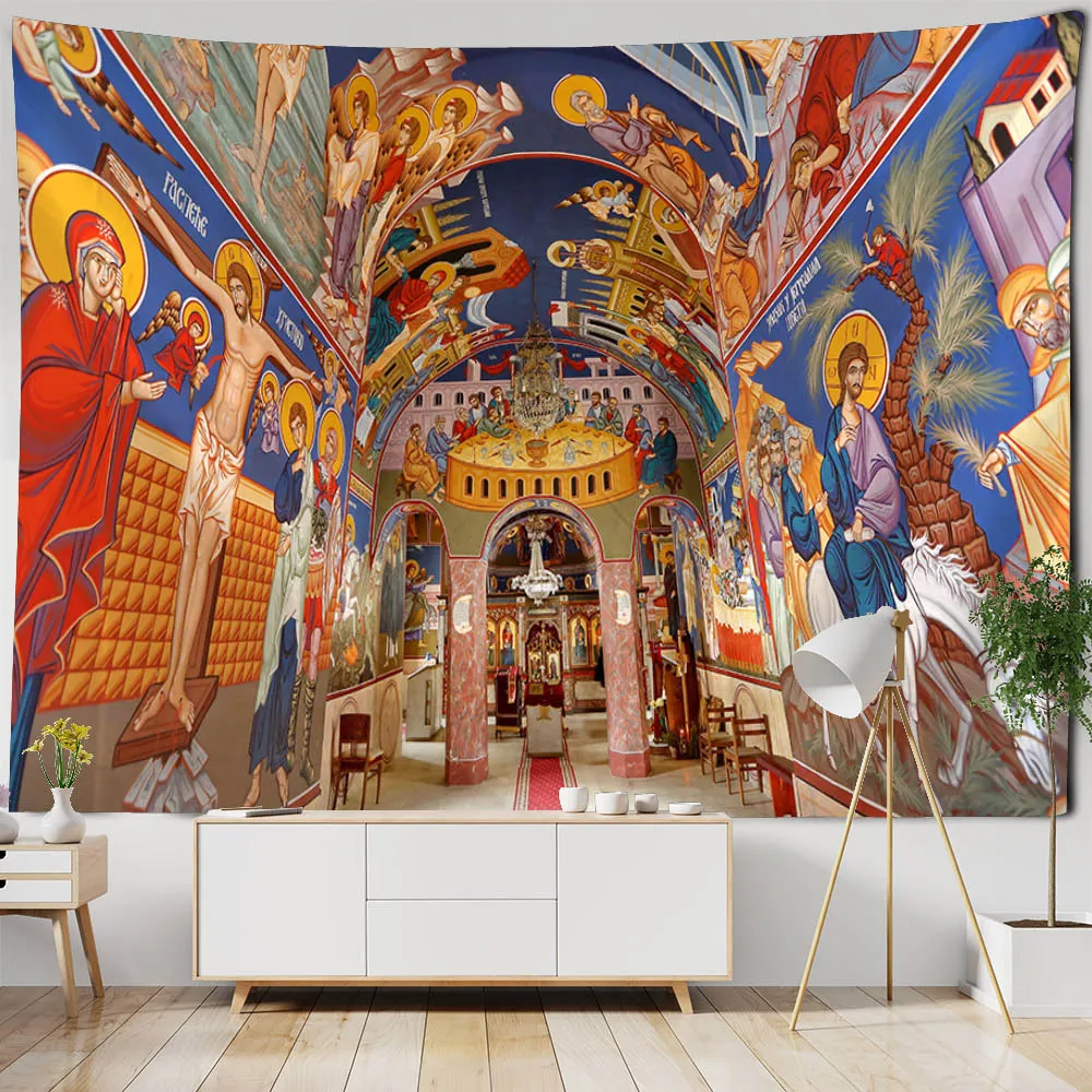 Retro Oil Painting Tapestry - Religious Mural Wall Hanging, Bohemian ...