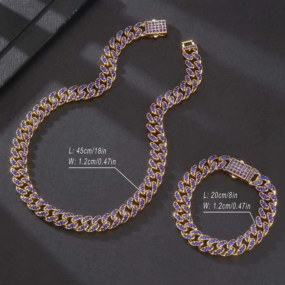 Chain Ice Crystal Full Diamond Cuban Chain Set 12mm Wide Spring Buckle ...