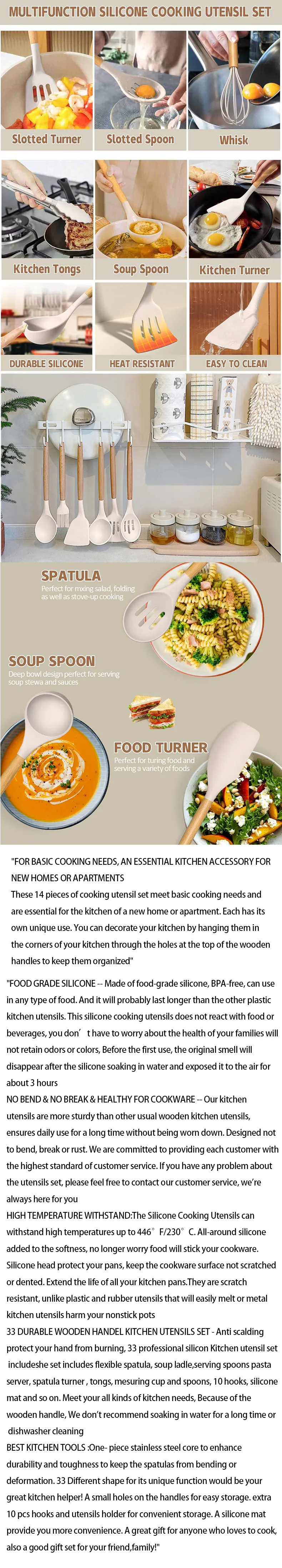 Kitchen utensils set wooden and silicone cooking tools heat-resistant ...