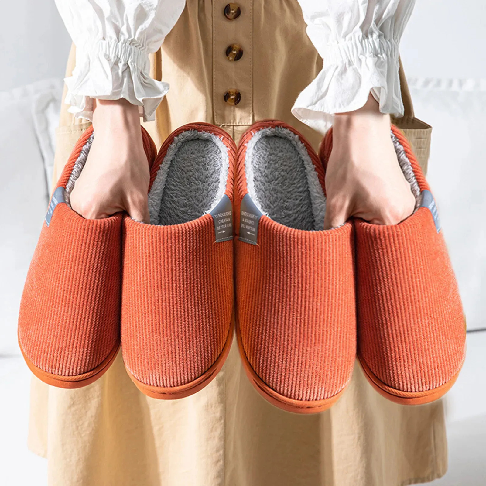 Warm Plaid Cotton Slippers for Couples - Indoor Non-Slip Winter Toe ...