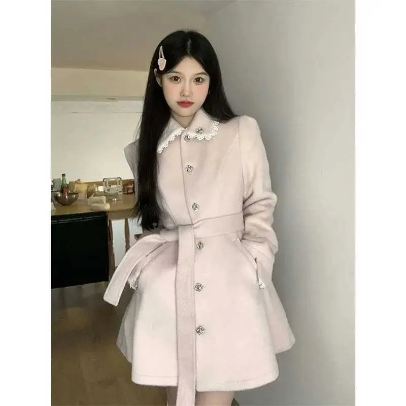 Korean Fashion Doll Collar Wool Pink Wool Coat For Women Warm Winter ...