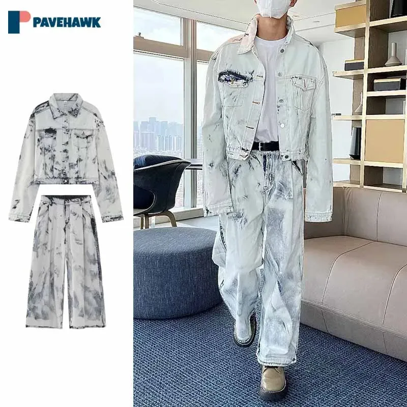 PAVEHAWK Retro Wash Tie Dye Denim Set For Men – Loose Fit Jacket & Wide ...