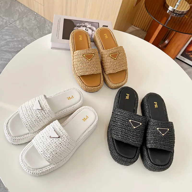 Designer Triangle Straw Weave Platform Terry Cloth Slippers For Women ...