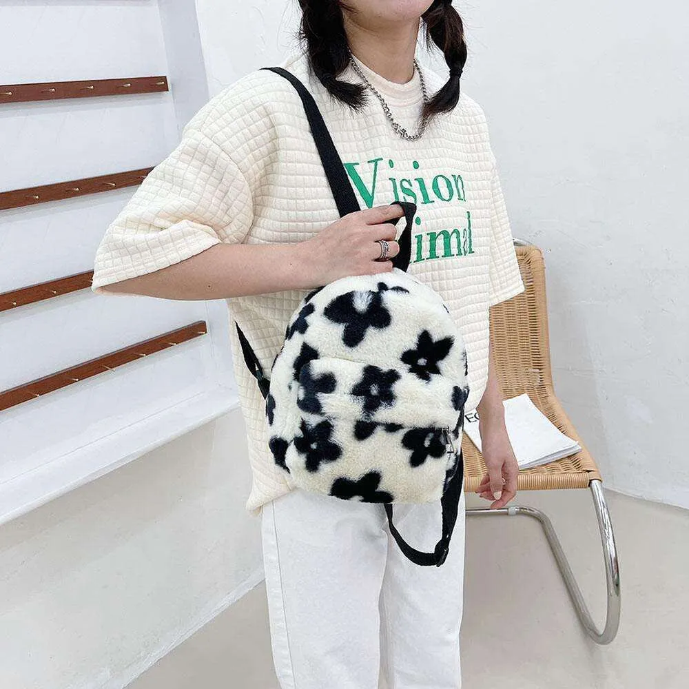 Preppy Style Plush Cow Print Backpack For Women With Multi Pockets ...