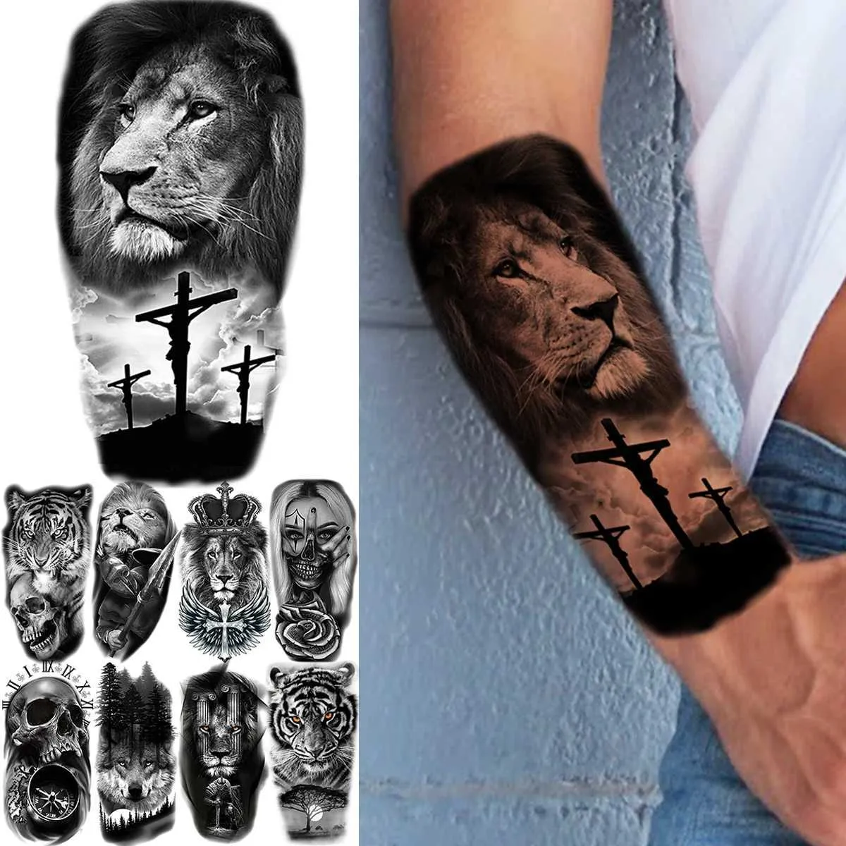 Black Lion Forearm Cross Temporary Tattoos For Men Adult Tiger Skull ...