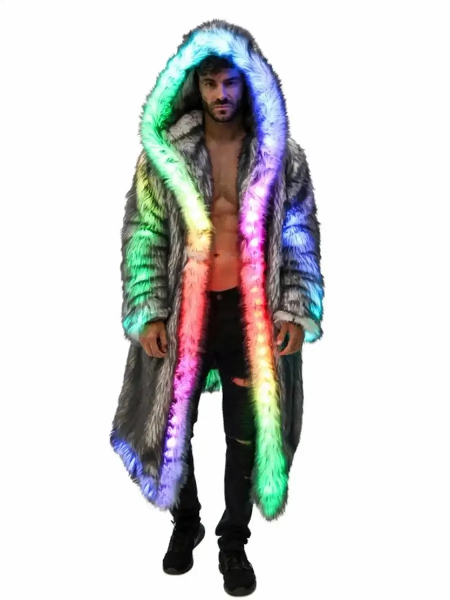 LED Mens Faux Fur Hooded Coat: Thickened Winter Warmth, Personalized ...