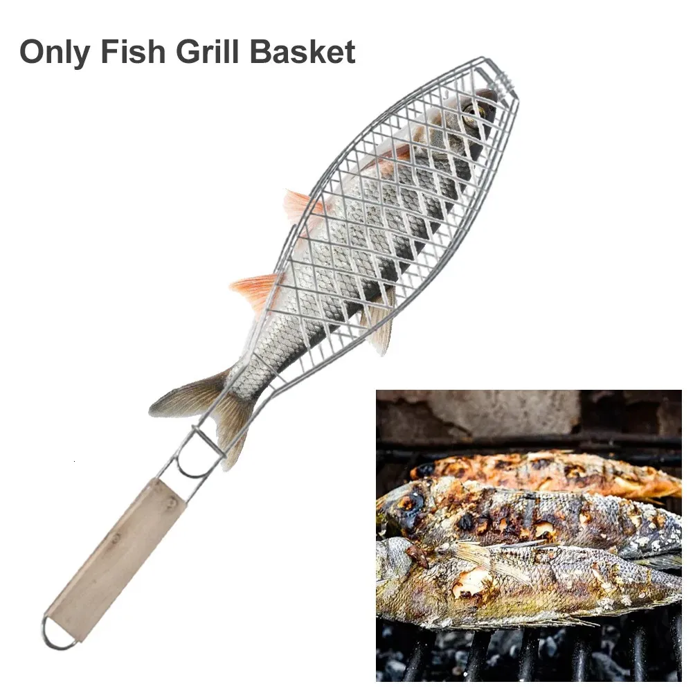 Barbecue Fish Grill Basket Stainless Steel Wired With Wooden Handle BBQ ...