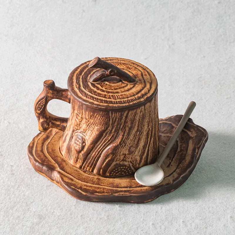 Japanese Coffee Mug: Retro Tree Stump Pottery Cup With Coaster, Unique ...