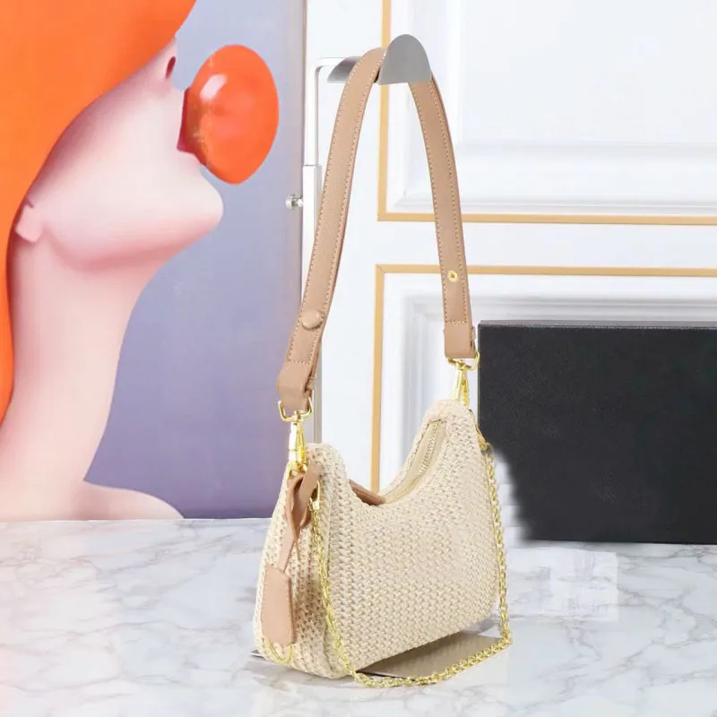 Designer Straw Shoulder Bag Woven Bucket Bag with Metal Chain Strap ...