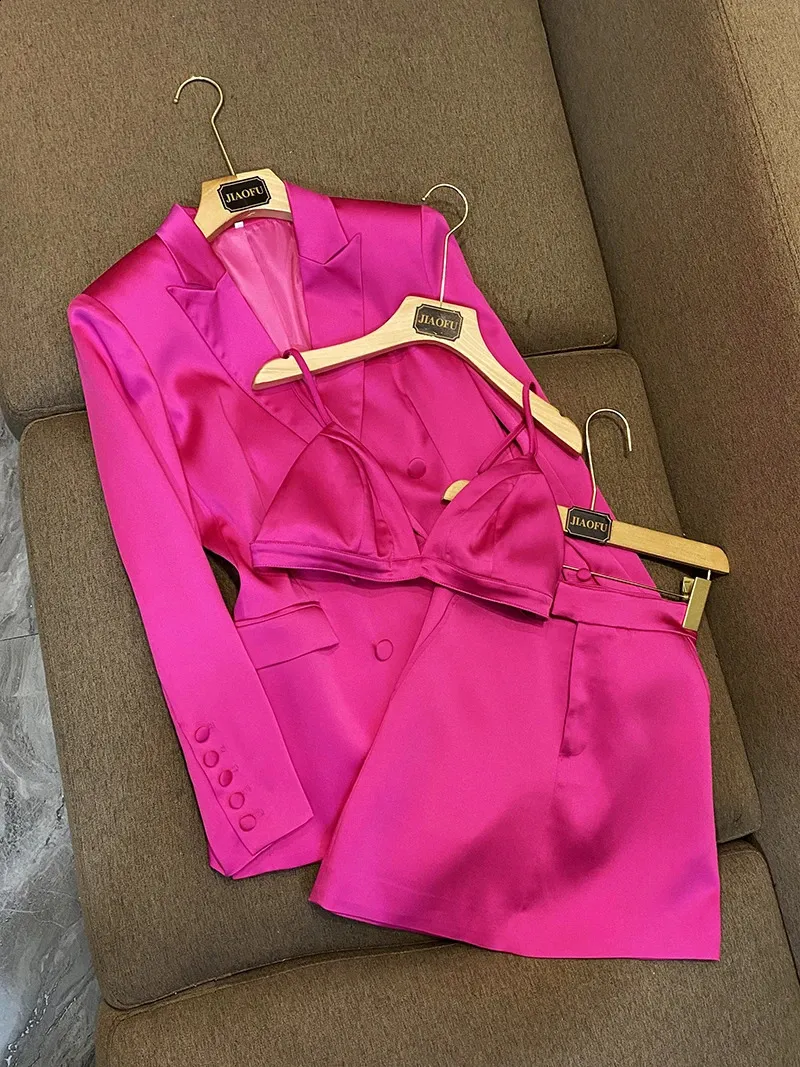 Two-Color Satin Suit for Women: Solid Double-Breasted Blazer, Mini ...