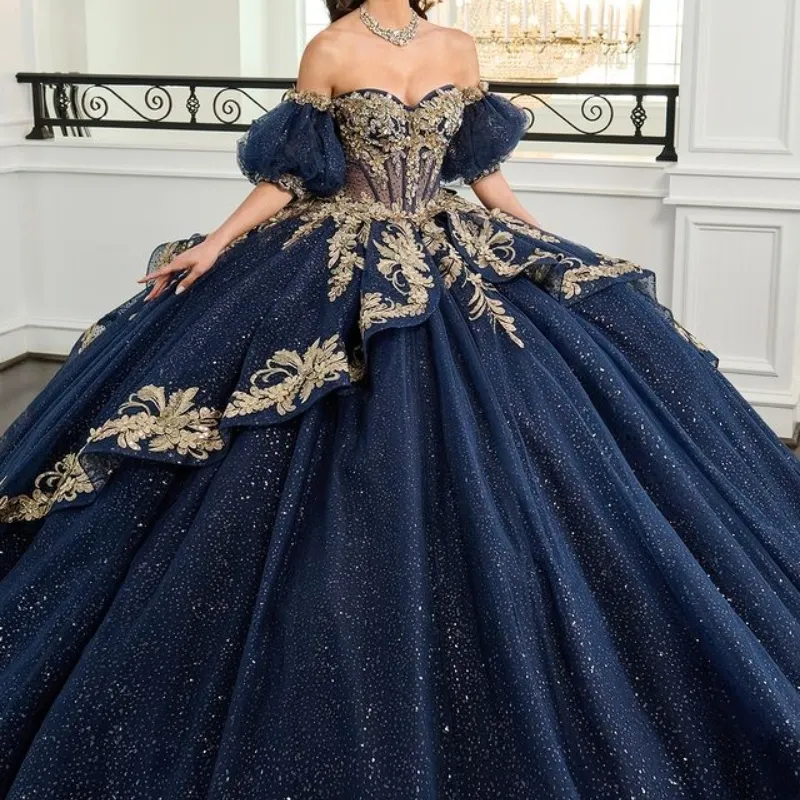 Navy Blue Ball Gowns: Elegant Quinceanera Dress With Gold Appliques ...
