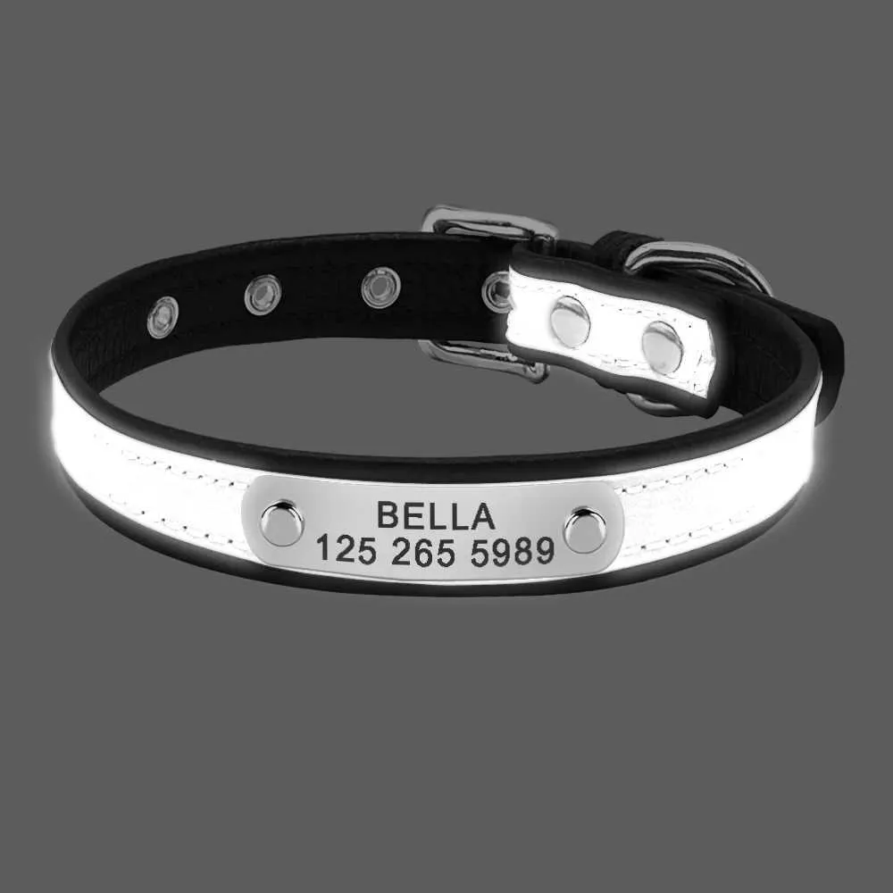 Reflective Dog Collar with Custom Engraved ID Tag - Premium Leather ...