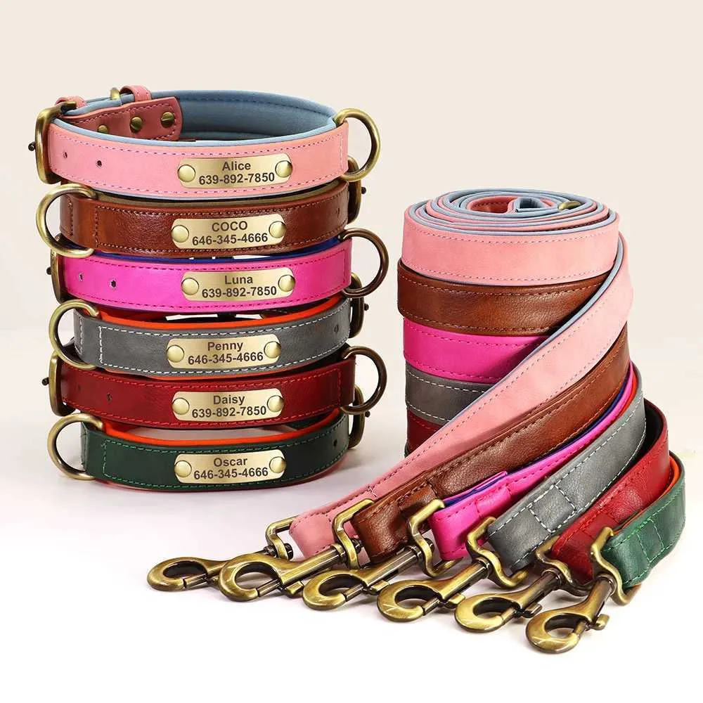 Personalized Dog ID Collar With Leash Soft Padded PU Leather Dogs ...