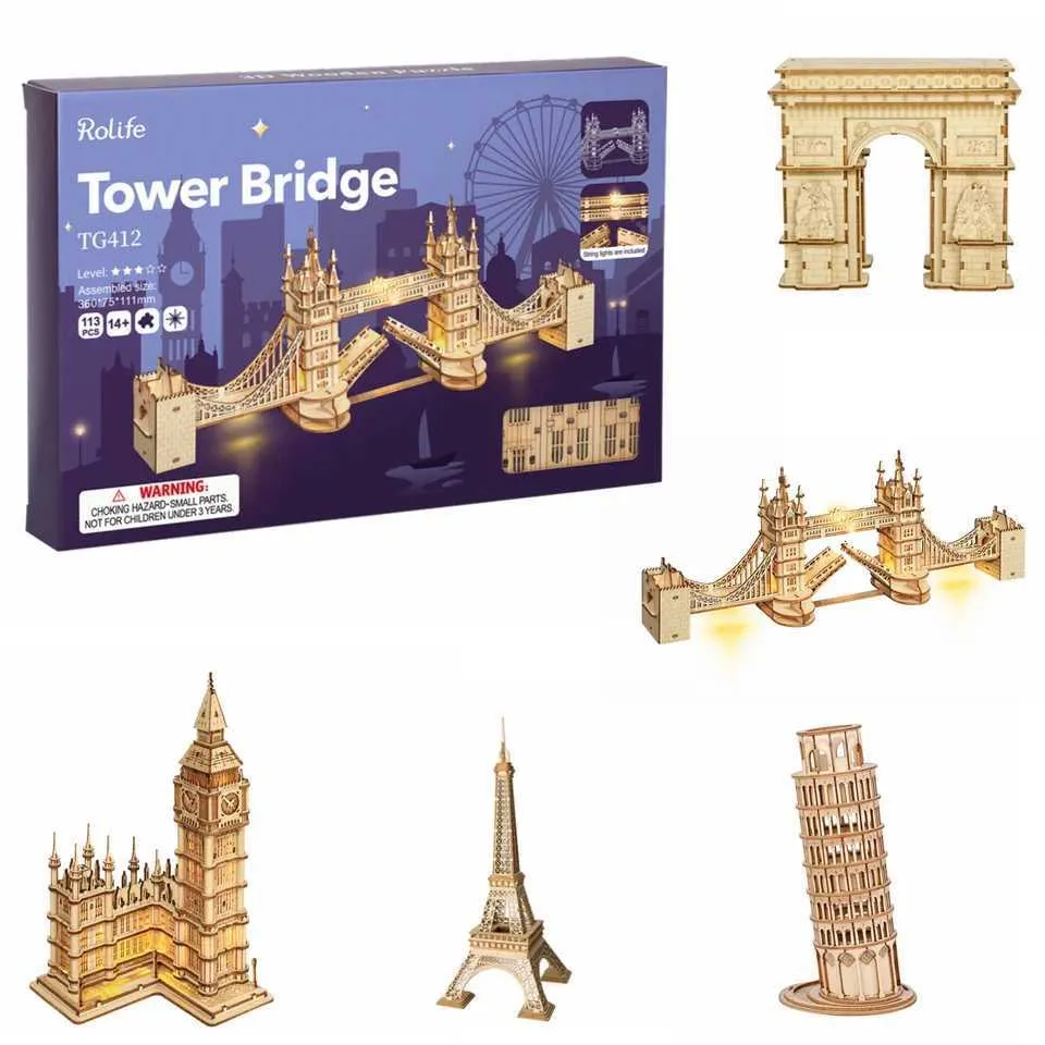 DIY Wooden Puzzle Game 3D Tower Bridge Big Ben Assembly Model Building Kit, Creative Educational ...