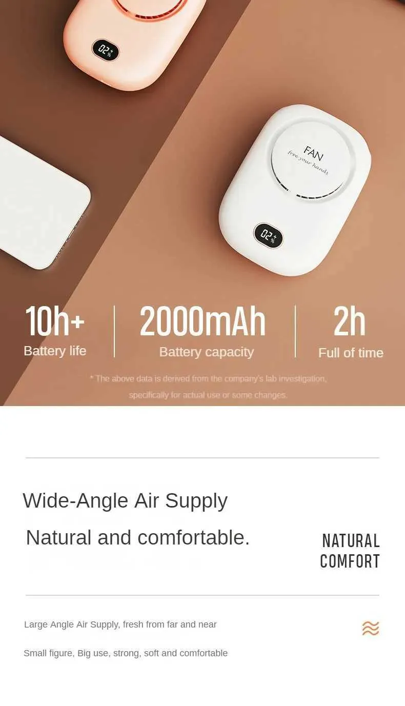 Portable Hanging Neck Fan 2000mAh Mini USB Fan with 3-Speed Brushless ...