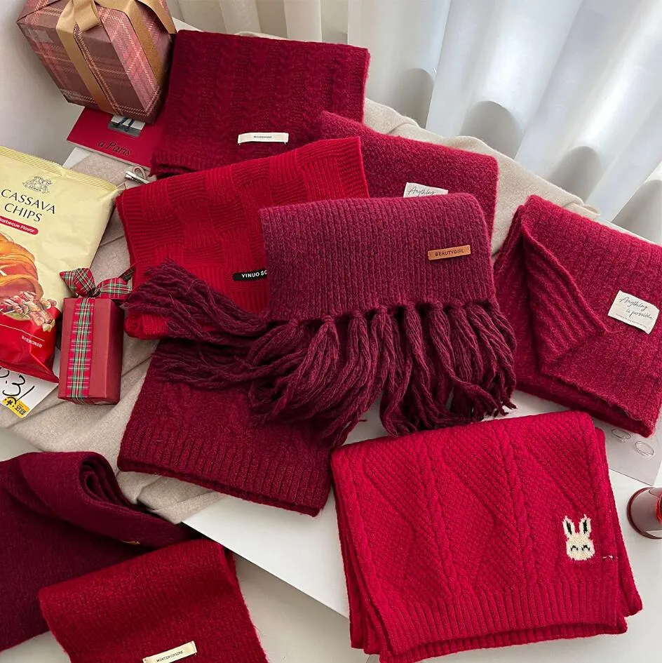 Red knit silk pashmina scarf for women with star pattern over 68.9 in ...