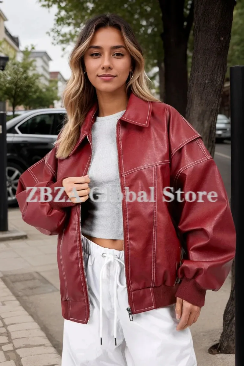 Women's Oversized Faux Leather Bomber Jacket, Vintage Lapel Long ...