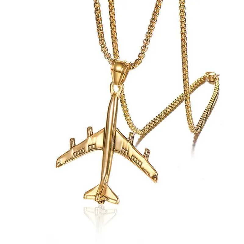 Gold Airplane Charm Necklace Stainless Steel Aircraft Pendant Jewelry ...