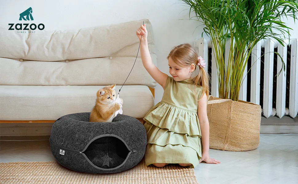 ZAZOO Large Peekaboo Amazon Cat Bed Cave With Feather Stick And Playing ...