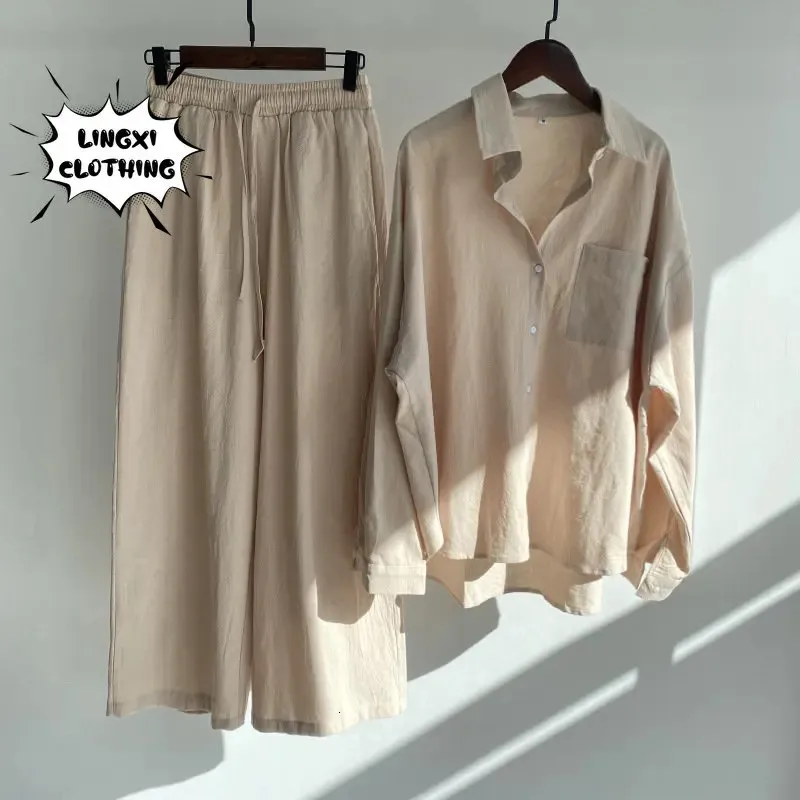 Two Piece Trouser Set Cotton Linen Shirt and High Waist Loose Trousers ...