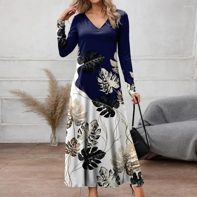 Long Sleeve Spring Dress Leaf Print V Neck Maxi Ankle Length A-line ...