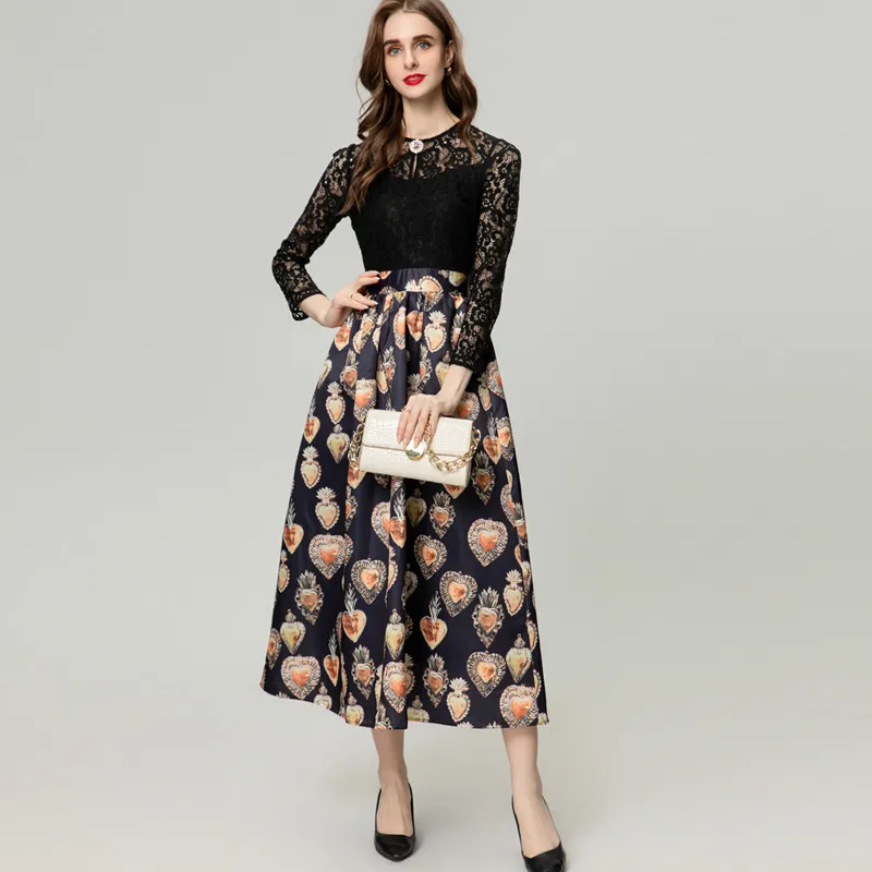 Women's Runway Dress O Neck Long Sleeves Embroidery Lace Bodice ...