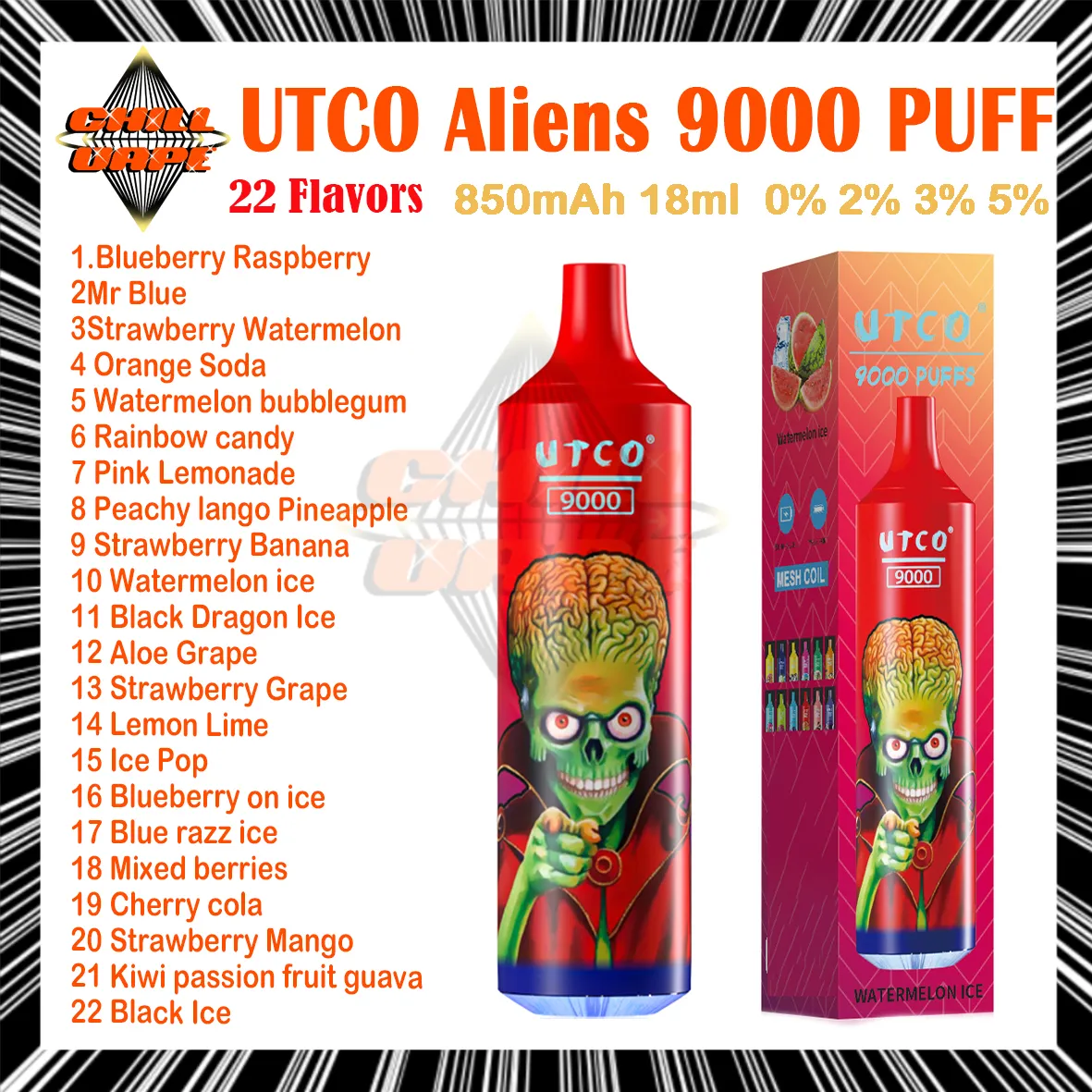 Original UTCO Aliens 9000 Puffs Disposable Vape 22 Flavors 18ml ...