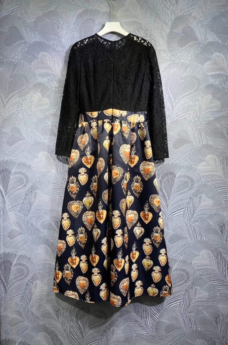 Women's Runway Dress O Neck Long Sleeves Embroidery Lace Bodice ...