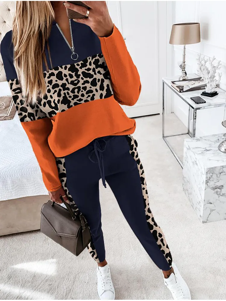 Leopard Print Two Piece Pants Set for Women - Long Sleeve Colorblock ...