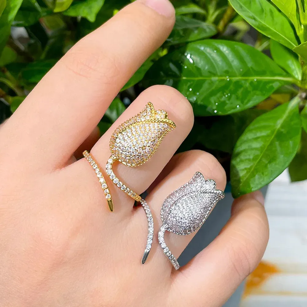 CWWZircons Adjustable Rose Flower Ring With Micropave Cubic Zirconia For Womens Wedding And ...