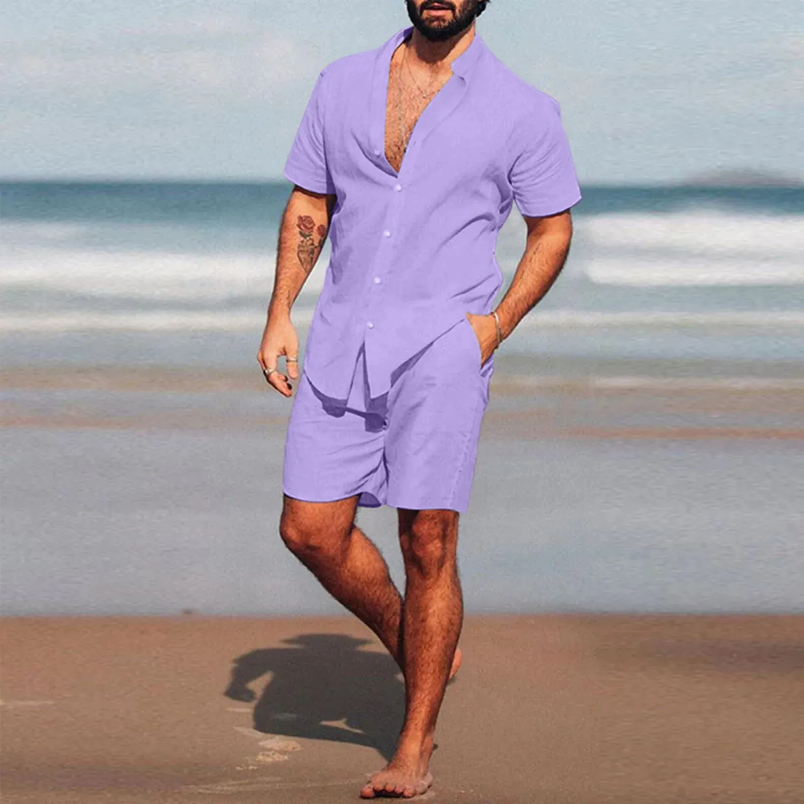 Men's Casual Hawaii Suit: Fashionable Handsome Solid Color Shirt and ...