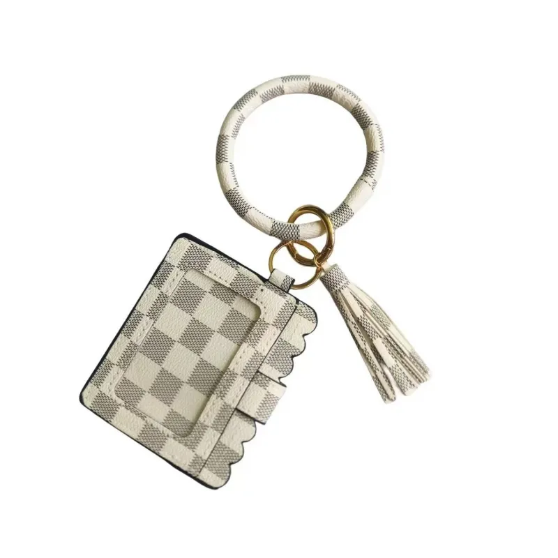 Stylish Rice White Plaid PU Leather Fringe Bracelet Keychain Key Chain ...