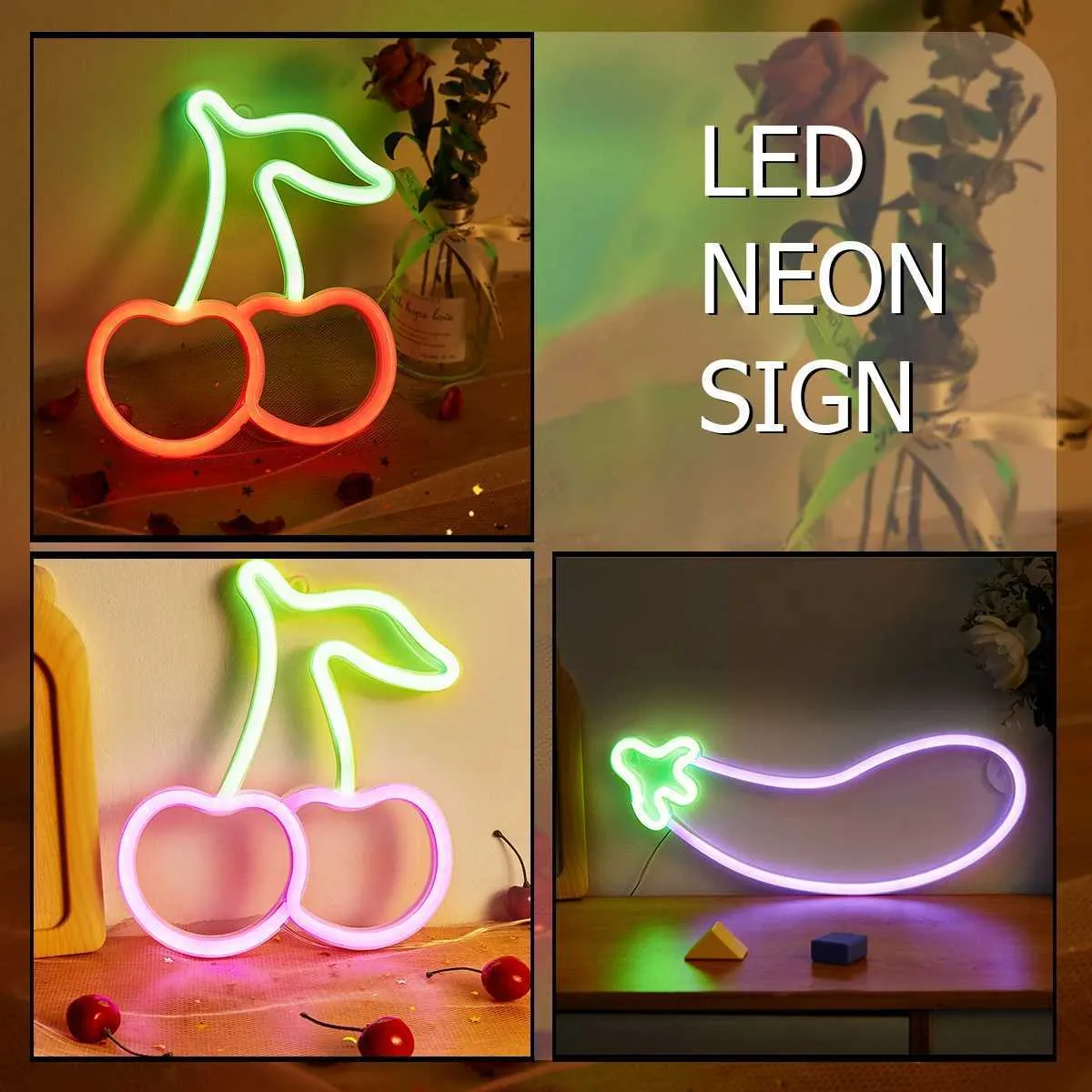 LED Neon Signs: Cherry & Eggplant Designs - USB/Battery Powered, Shop ...