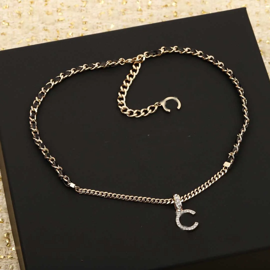 Luxury Charm Pendant Necklace with Black Genuine Leather and Diamond ...