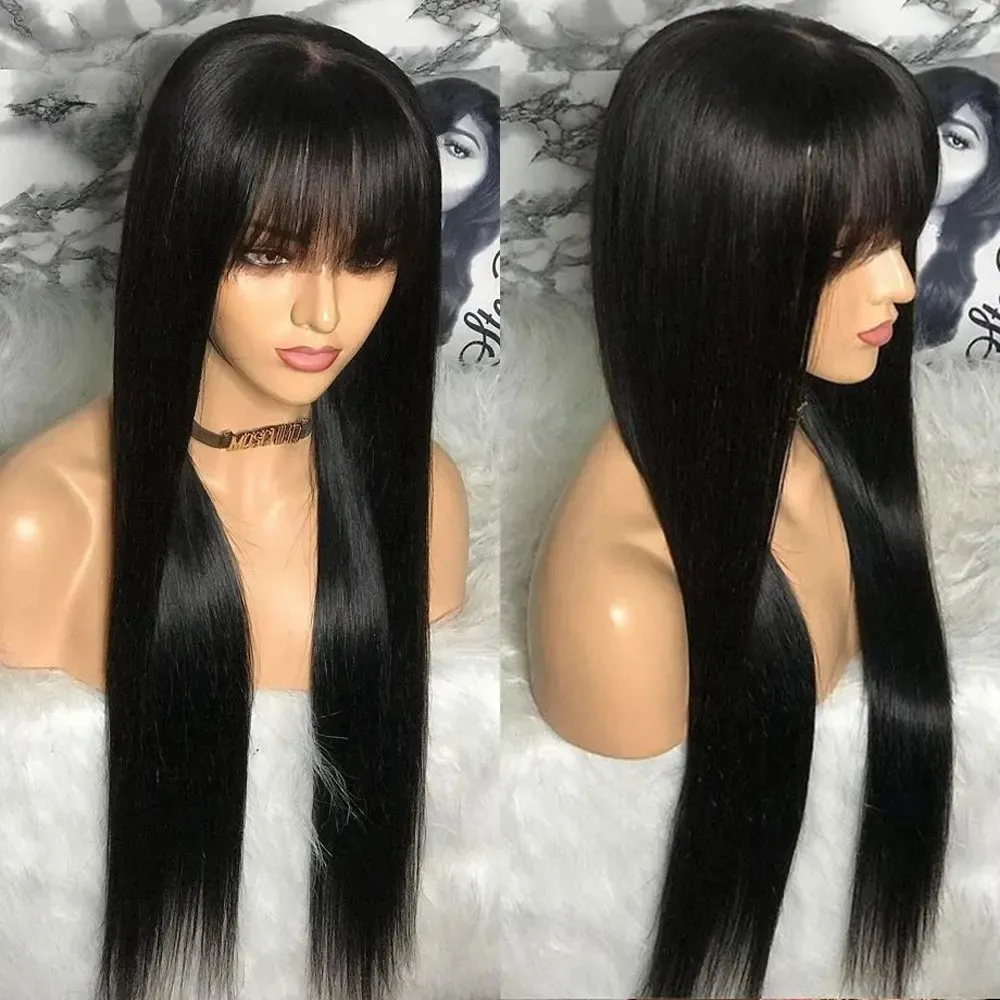 180 Densidad De Peluca De Cabello Humano Recto Con Flequillo De Encaje ...