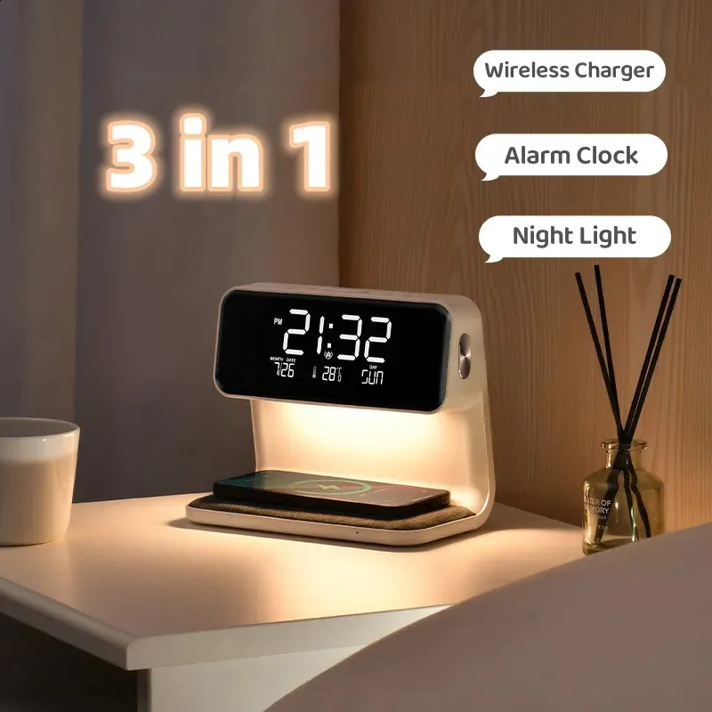 Creative 3 In 1 Bedside Lamp Wireless Charging LCD Screen Alarm Clock ...