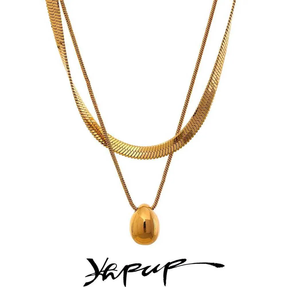 Double Layer Stainless Steel Water Droplet Gold Disc Pendant Necklace ...