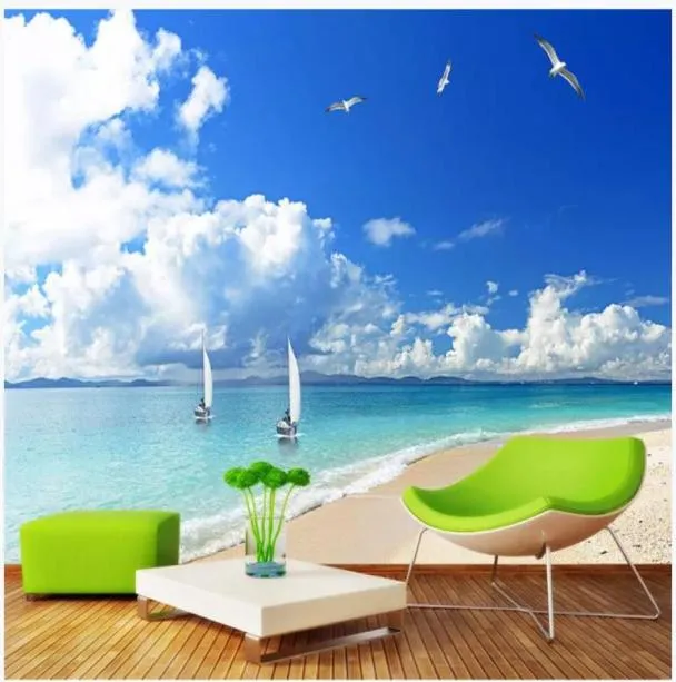 Custom 3D Mural Beach Wallpaper Beach Landscape Blue Sky White Clouds ...