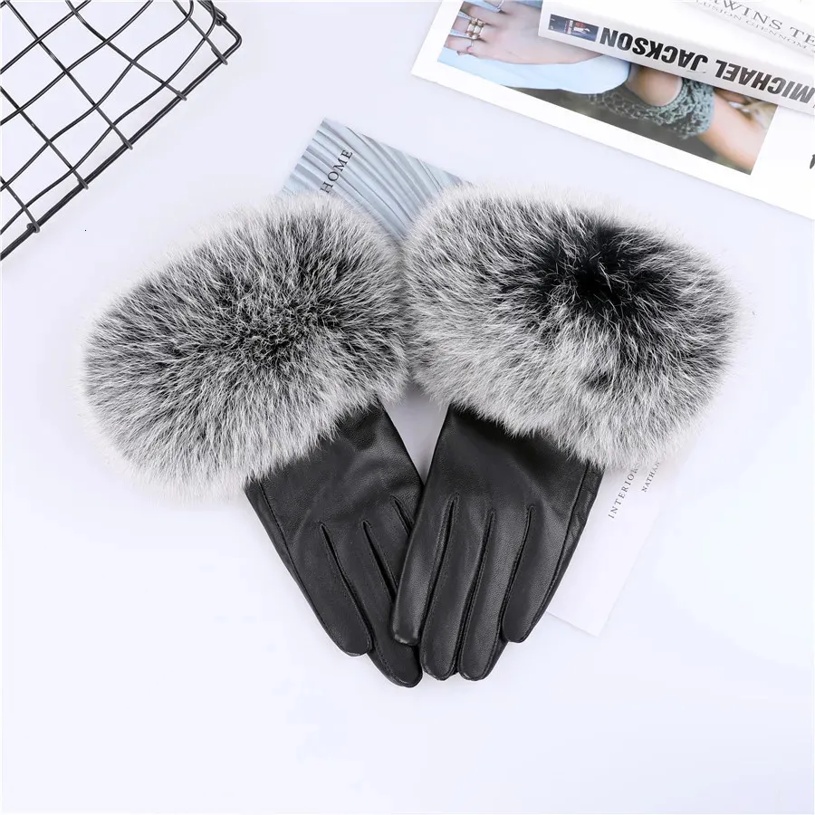 Luxurious Leather Gloves Fur Lined with Fox Fur Trim - Genuine ...