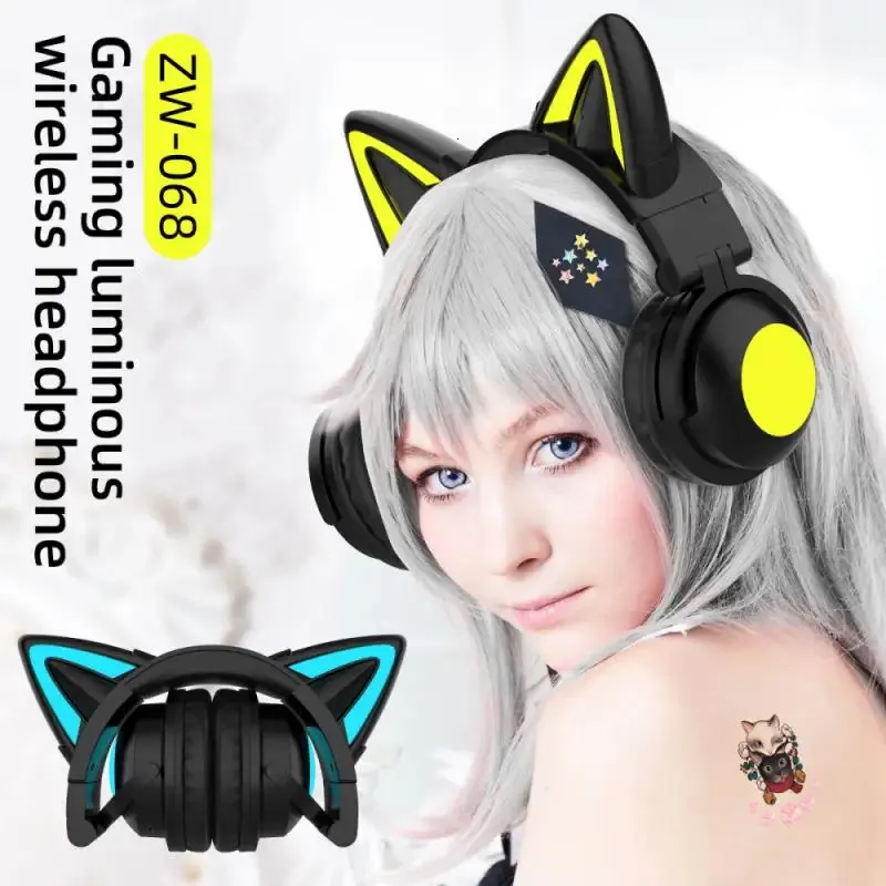 ZW 068 Gaming Earphones Luminous Wireless Cat Ear Head Mounted Gaming Earphones Colorful Lights ...