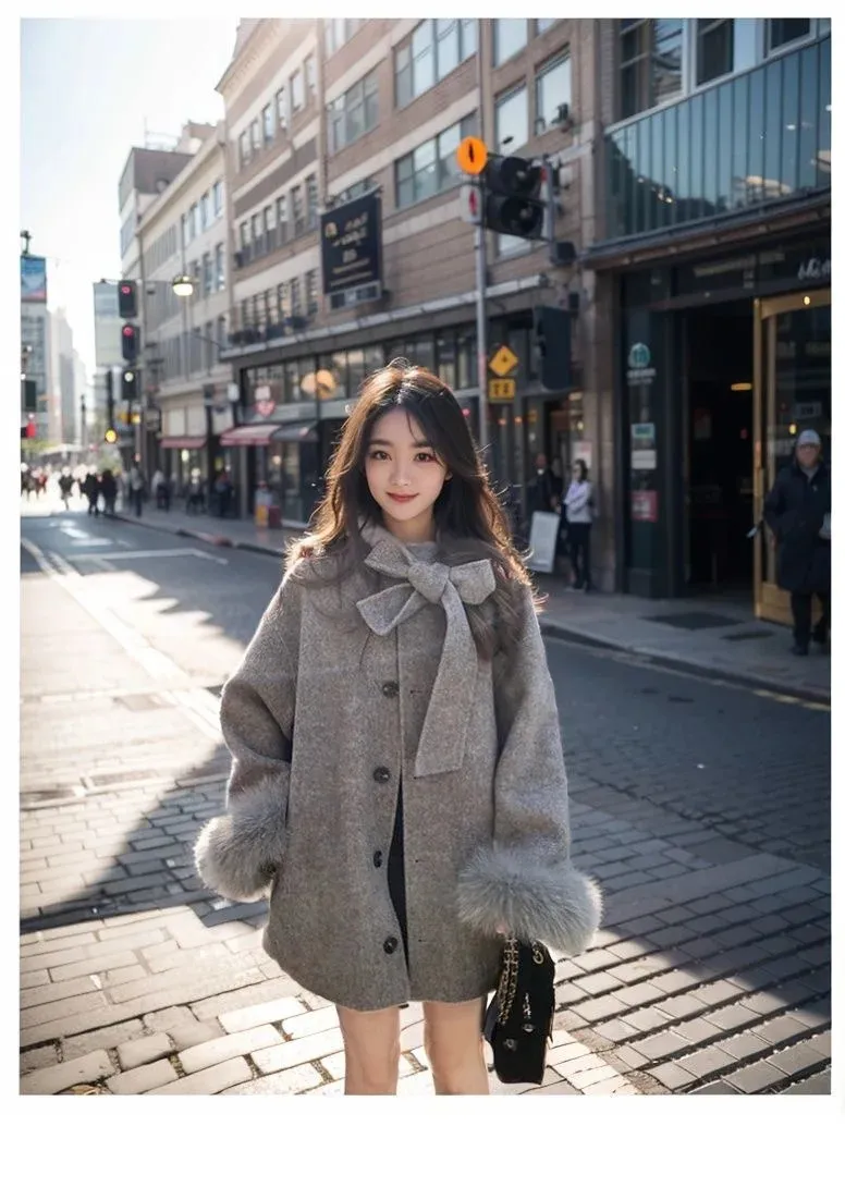 Women's Gray Wool Coat with Butterfly Knot - Loose Fit, Autumn/Winter ...