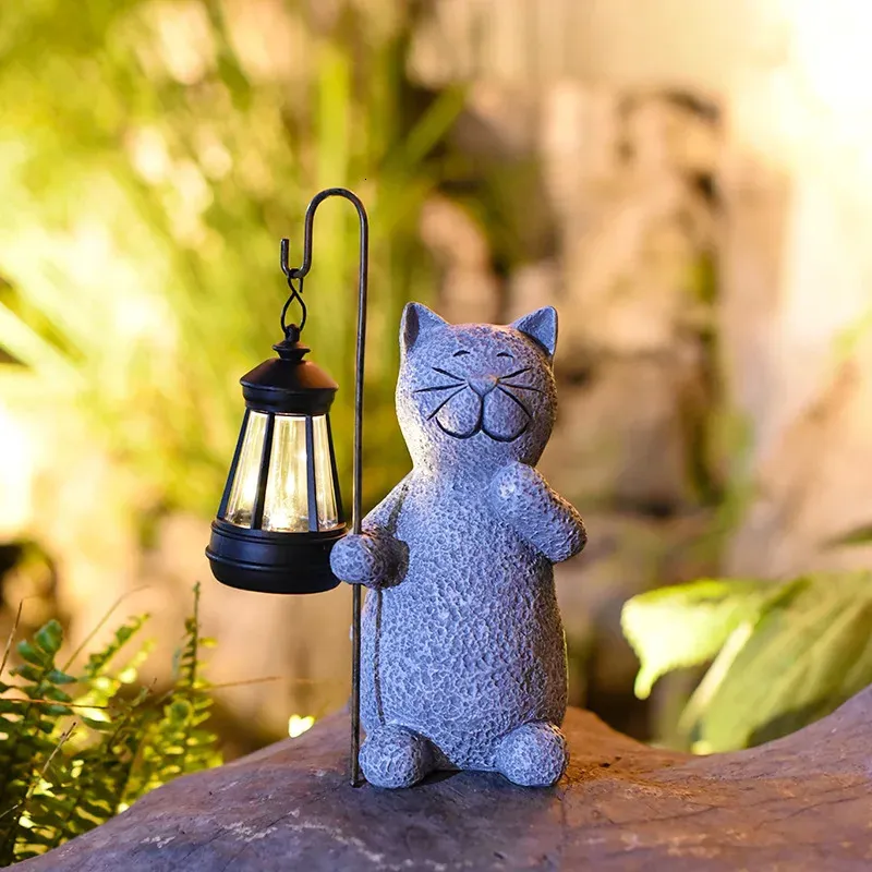 Outdoor Solar Fairy Lights Cat Statue: Resin Animal Garden Decoration ...