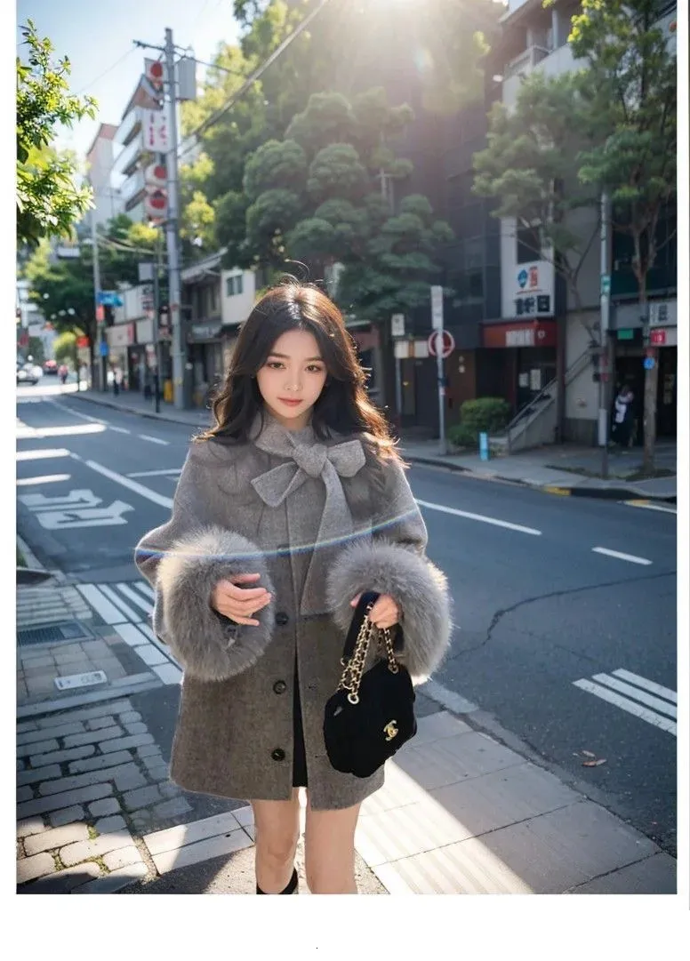 Women's Gray Wool Coat with Butterfly Knot - Loose Fit, Autumn/Winter ...