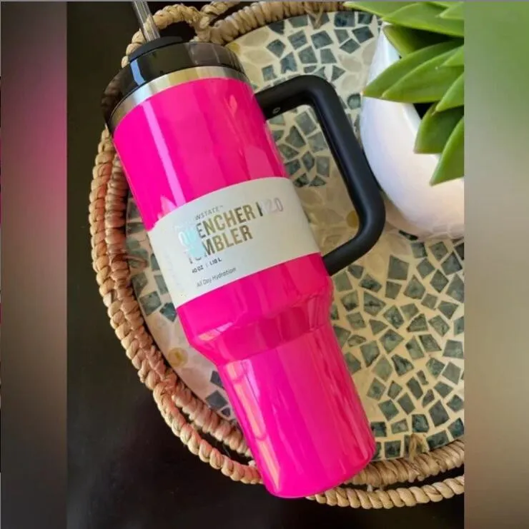 40 Oz Stainless Steel Tumblers With Handle, Lid, Straw DHL Neon White ...