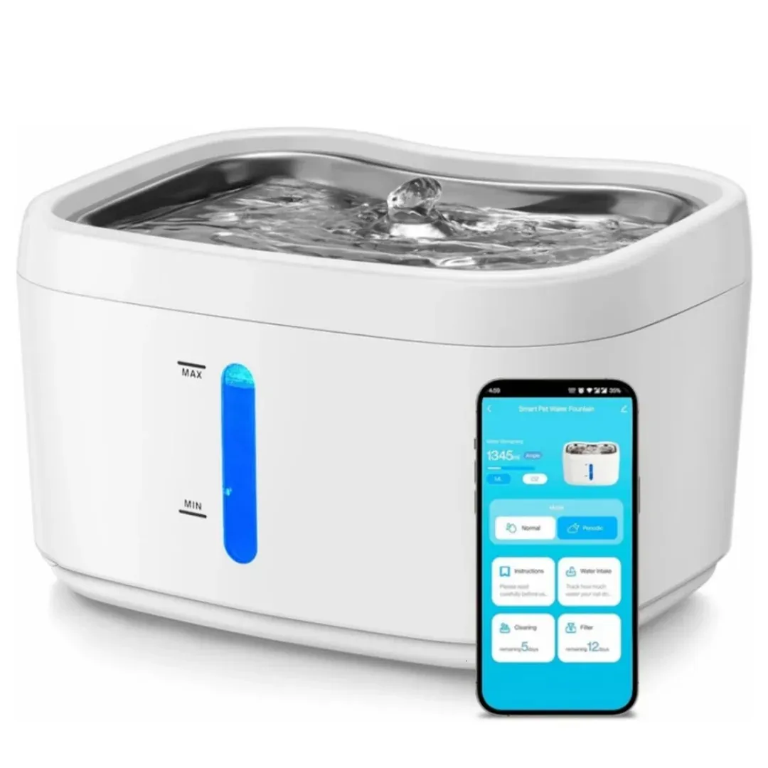 Smart Pet Fountain with Stainless Steel Tray, 84oz/2.5L, Wireless App ...