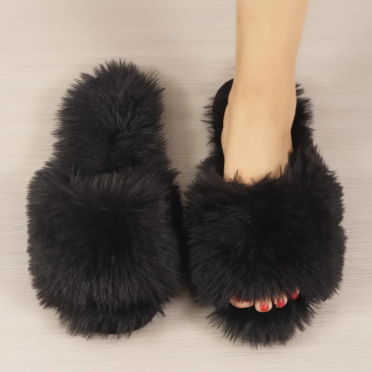 Women's Plush Fur Slippers - Open Toe Fluffy Indoor & Outdoor Slides ...