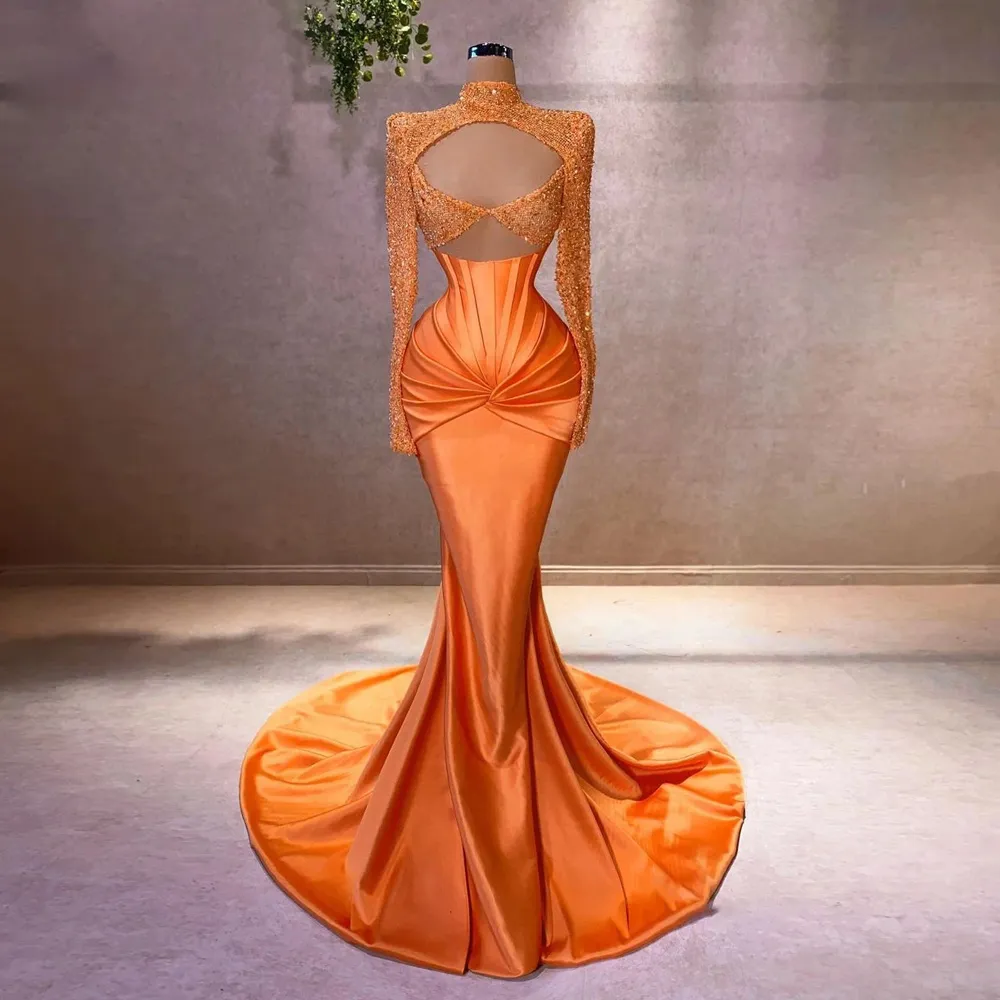 Orange Satin Orange Mermaid Prom Dresses With Sequin Top And Pleated ...