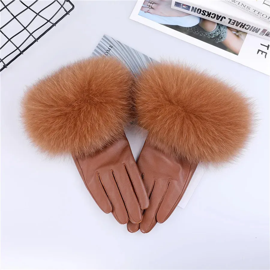Luxurious Leather Gloves Fur Lined with Fox Fur Trim - Genuine ...