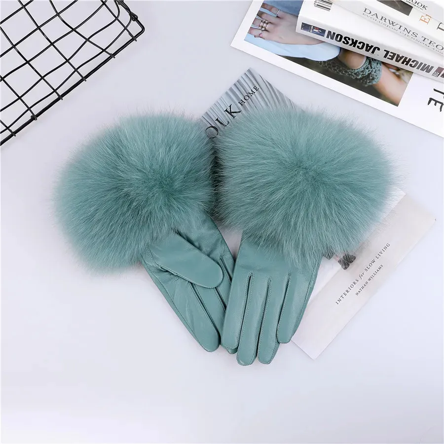 Luxurious Leather Gloves Fur Lined with Fox Fur Trim - Genuine ...