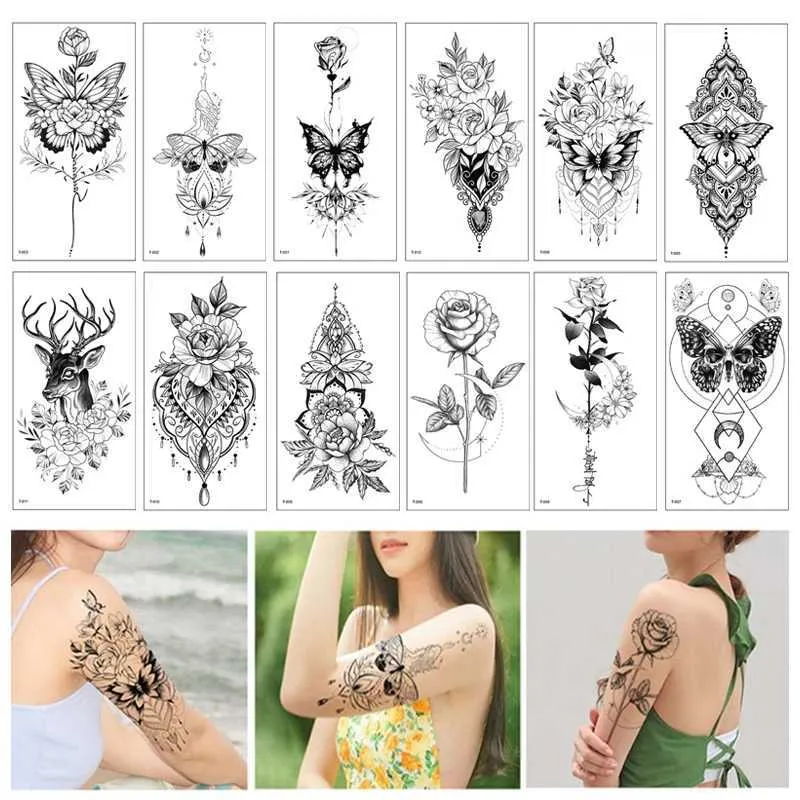 Tattoo Transfer Temporary Tattoo Sticker Women Waterproof Black Rose ...